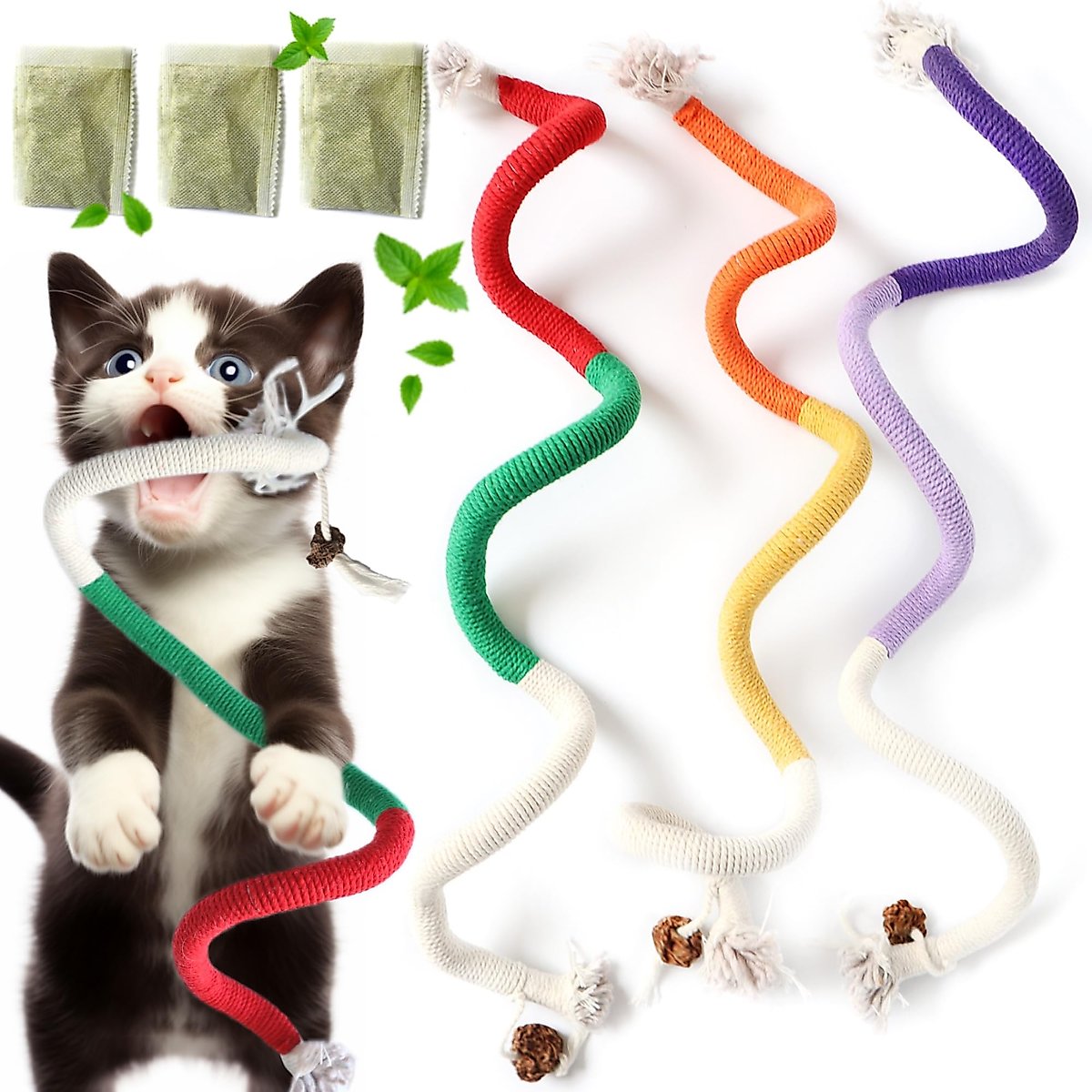 Fokauiwo Cat Chew Toys for Bored Indoor Adult Cats, Interactive Catnip Rope Toy for Teeth Cleaning, Cat Nip Teething Toys for Cats Kittens, Kitty Kicker Toy, 3 Pack (Plus 3 Pouches of Catnip)