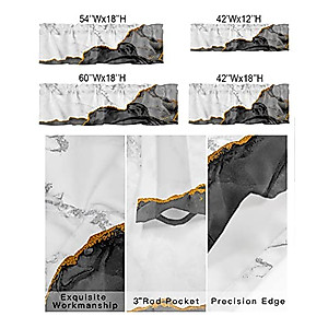 Yun Nist Window Valance Curtain Marble Black Gray White Color Contrast Gold Edge Valances for Kitchen Windows,Modern Abstract Rod Pocket Short Curtains for Bedroom,Bathroom,Living Room 42x12in
