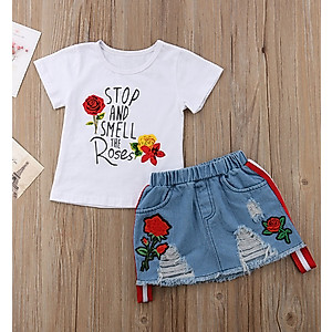 Toddler Baby Girls Smell The Rose T shirtTops + Denim Skirts Clothing Outfit Set (2-3Years, White)