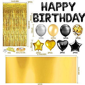 MOVINPE Black Gold Birthday Party Decoration, Black Happy Birthday Banner, Golden Fringe Curtain, Foil Tablecloth, Heart Star Confetti Balloons, 10g Table Confetti for Girl Boy Kids Men Women Adults