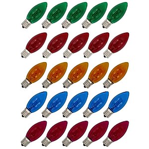 25 Pack C9 Christmas Replacement Light Bulbs - Steady Burning - 7 Watt, Extended Life, Nickel Plated E17 Base - Great for Christmas Lights, Decorative Incandescent Lights (Transparent Multi)
