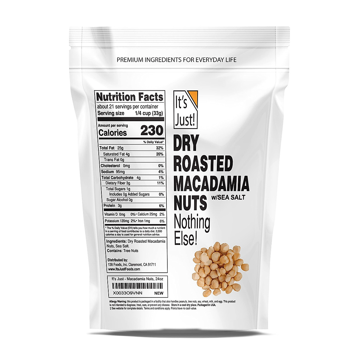 It's Just - Hawaiian Macadamia Nuts (1.5lbs), Small Batch Dry Roasted in USA, Lightly Salted, Keto Friendly, Resealable Bag, 24oz
