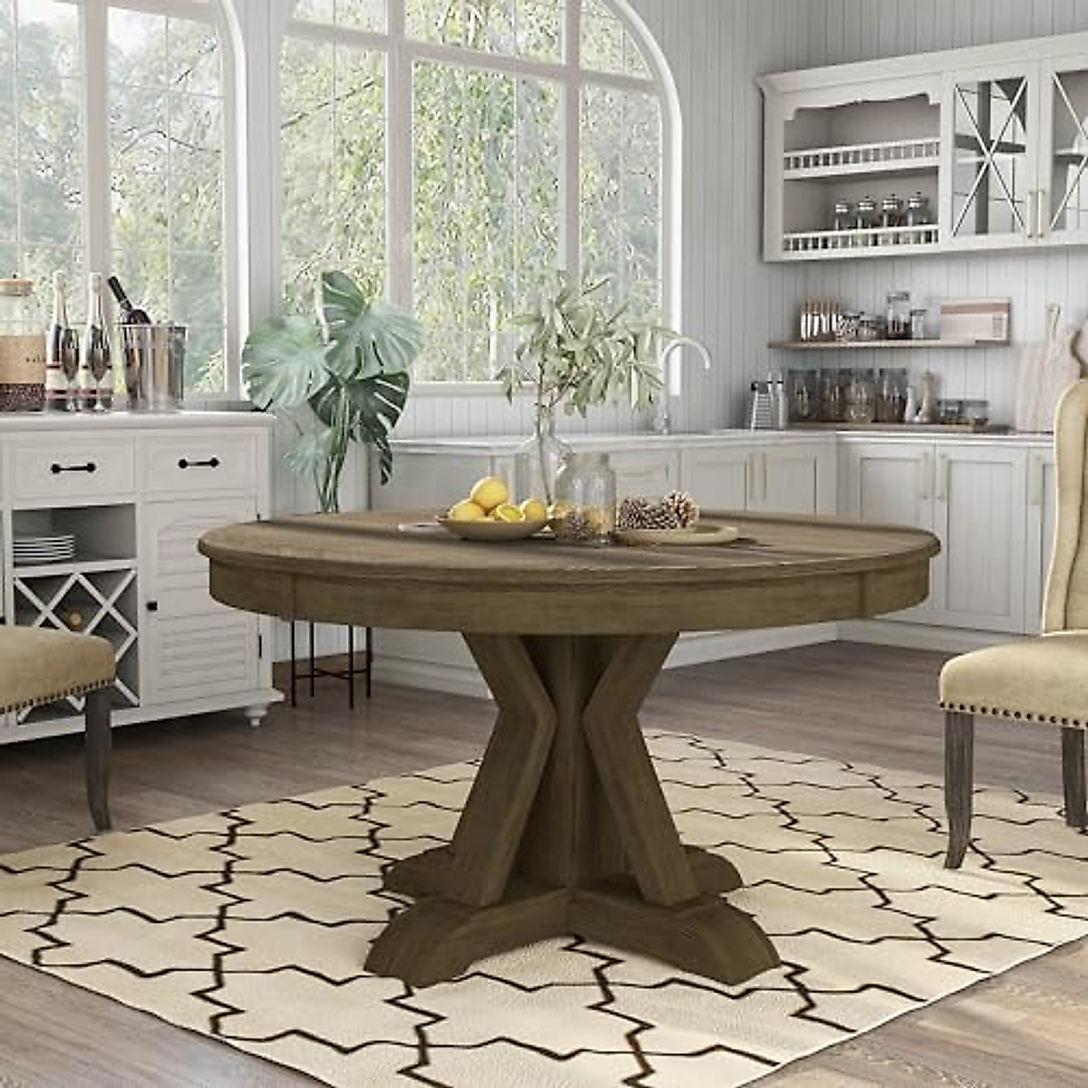 24/7 Shop at Home Van Lin Farmhouse 54-inch Solid Wood Round Dining Table with Trestle Pedestal Base, for Kitchen, Living Room, Entryway, Small Spaces, 54D x 54W x 30H in, Light Oak