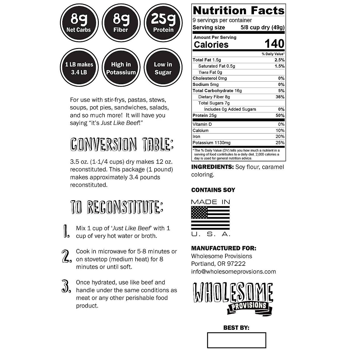 Textured Vegetable Protein, Vegan Meat Substitute, 100% Hexane Free, Made with #1 Graded Yellow Soybeans, 100% Vegan, Made in US, Imitation Beef, Gluten Free, Just Like Beef, Unflavored (3 Pack)