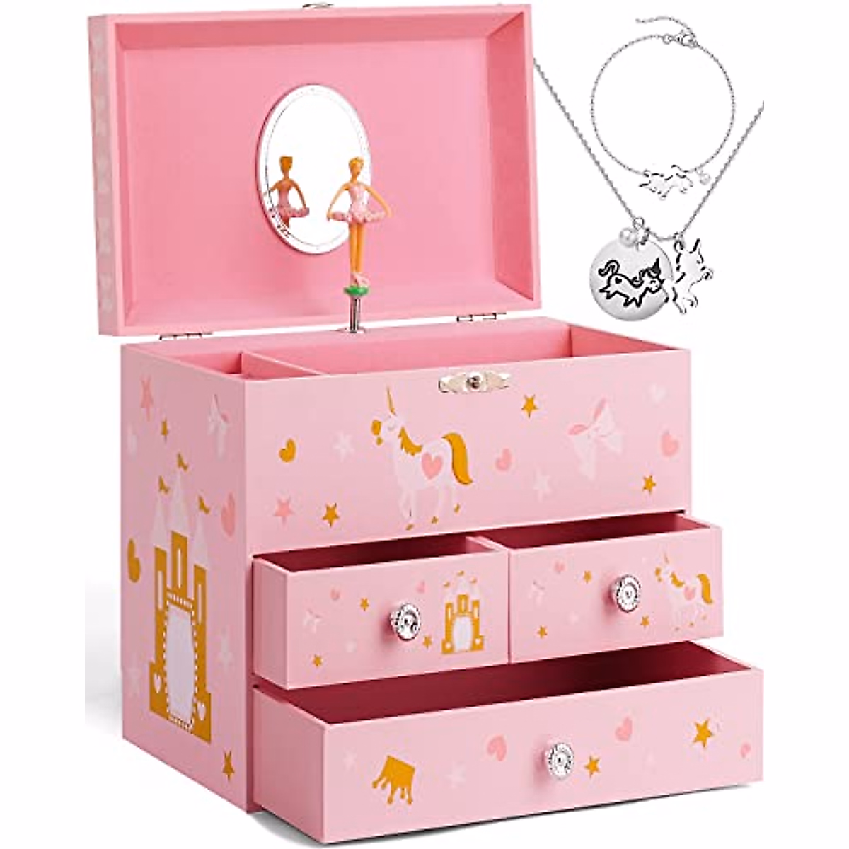 efubaby Upgrade Musical Jewelry Box for Girls with 3 Pullout Drawers Spinning Ballerina & Unicorn Jewelry Set, Jewelry Boxes for Kids Girls Birthday Valentine Christmas Gift Waltz of Flowers Tune