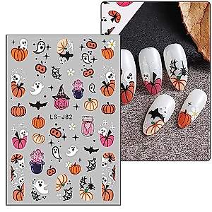 JMEOWIO 8 Sheets Halloween Nail Art Stickers Decals Self-Adhesive Pegatinas Uñas Pink Skull Cute Horror Ghost Spider Web Bat Pumpkin Spook Nail Supplies Nail Art Design Decoration Accessories