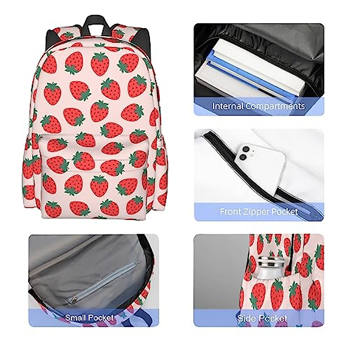 SDEOH 17 Inch Strawberry Backpack For Women Men Lightweight Laptop Bag Travel Hiking Camping Daypack