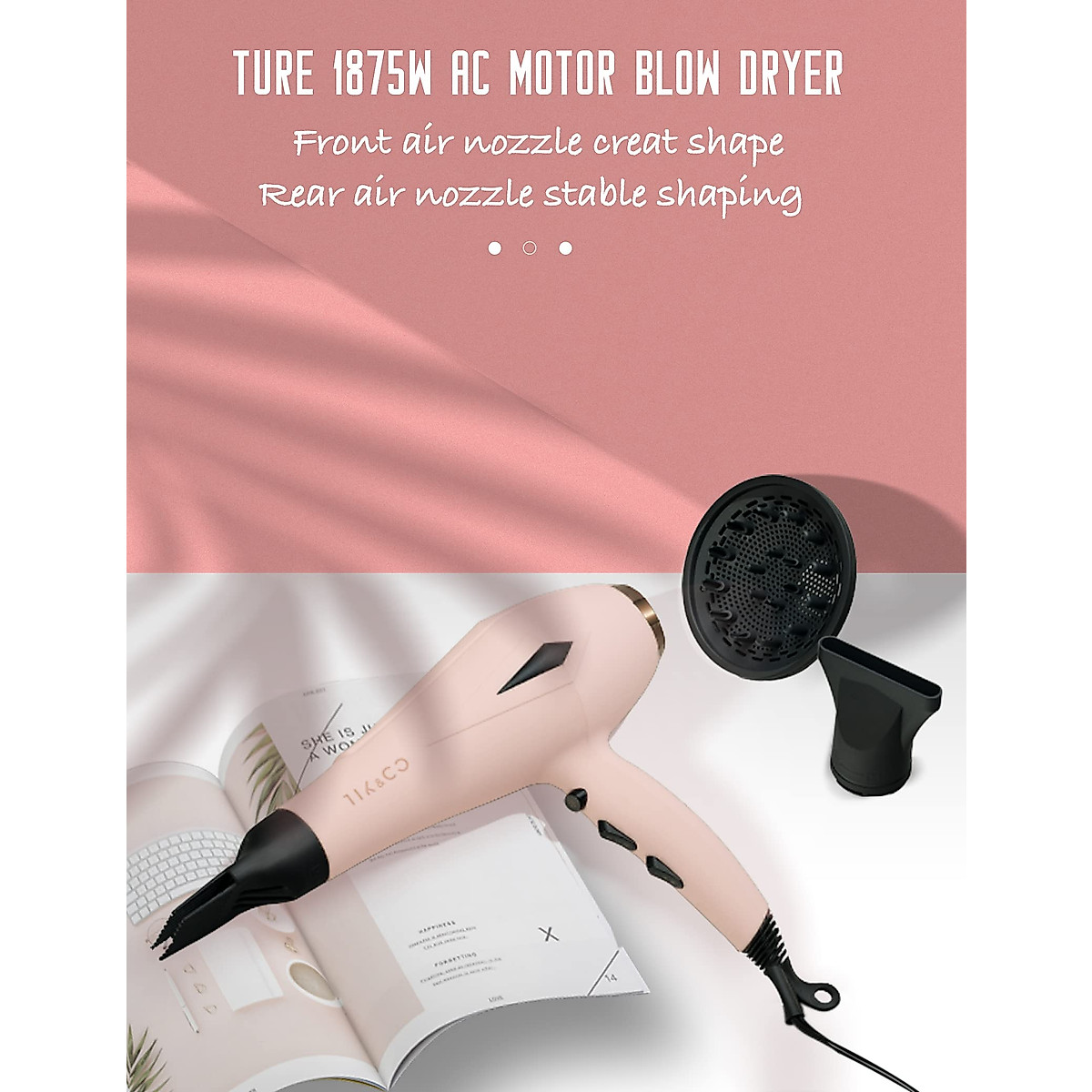 Hair Dryer Blow Dryer with Diffuser Brush Comb Attachments Powerful AC Motor for 3c Thick Hair Curly Women Professional Salon Best Hair Dryer(Pink)