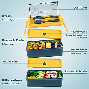 BentoMoment Upgrade Bento Box for Adult, 2 Layers Stackable Lunch Box with Tableware Dust Cover, 49oz Bento Salad Containers for Adults with 2 Removable Divider, Eco-Friendly Reusable Bento Box