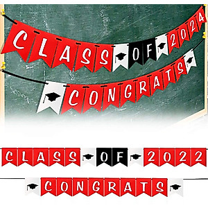 Class of 2022 Congrats Banner - Perfect Graduation Decorations Party Supplies for Grad Party Bunting White Black Red