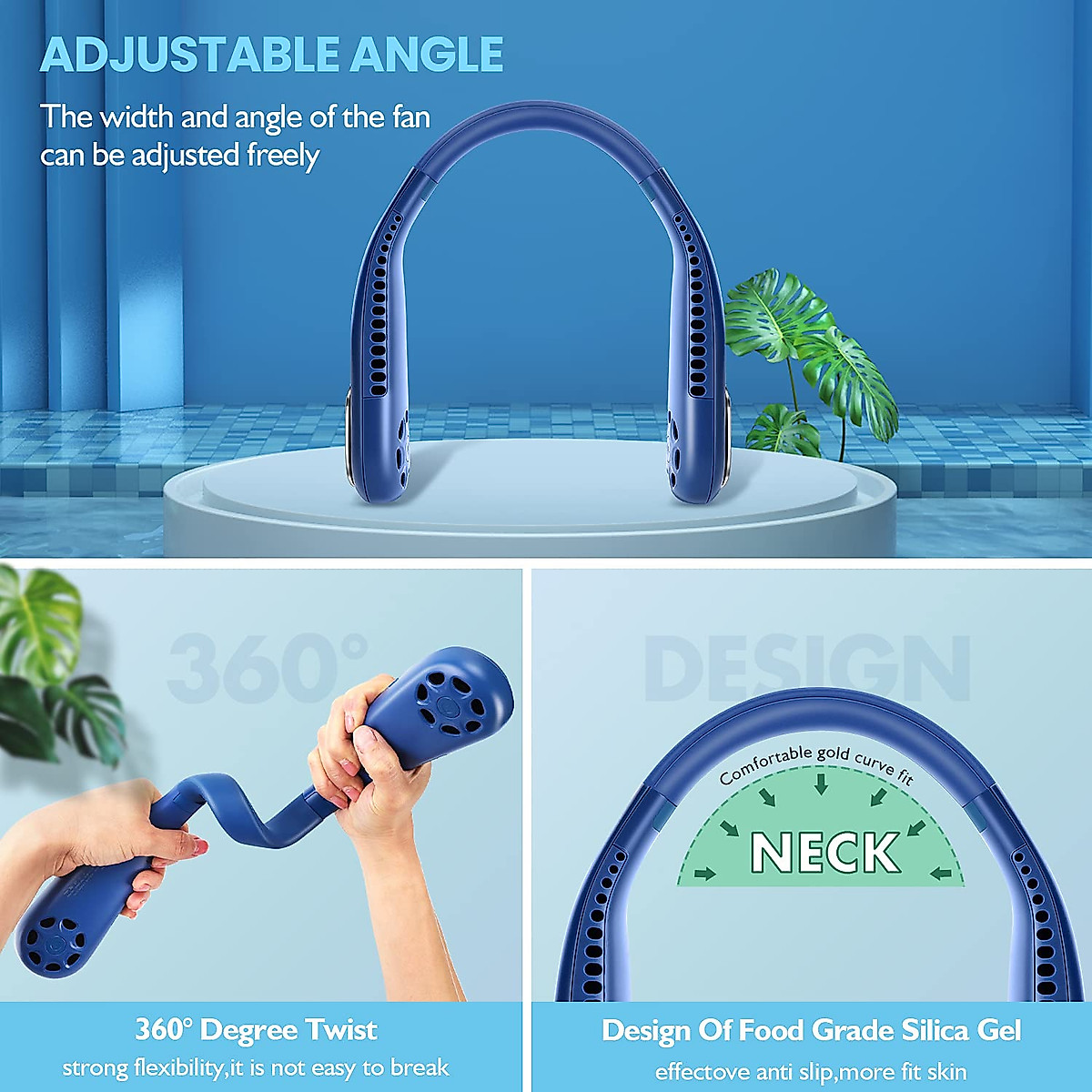 LEXSO Portable USB Neck Fan, Hanging Personal Fan Bladeless Neck Cooler, 4000 mAh Battery Operated Wearable Rechargeable USB Fan,Quiet Wearable Headphone Neck Air Conditioner 3 Speeds-Blue