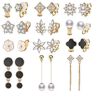 Aganippe Gold Non-Piercing Earrings Set, 12 Pairs, Dangle & Pearl, Hypoallergenic, Gift Box