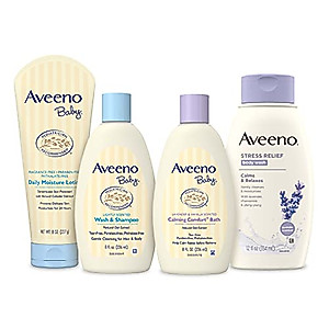Aveeno Baby Mommy & Me Daily Bathtime Gift Set Including Baby Wash & Shampoo, Calming Baby Bath & Wash, Baby Moisturizing Lotion & Stress Relief Body Wash for Mom, Soap-Free, 4 Items