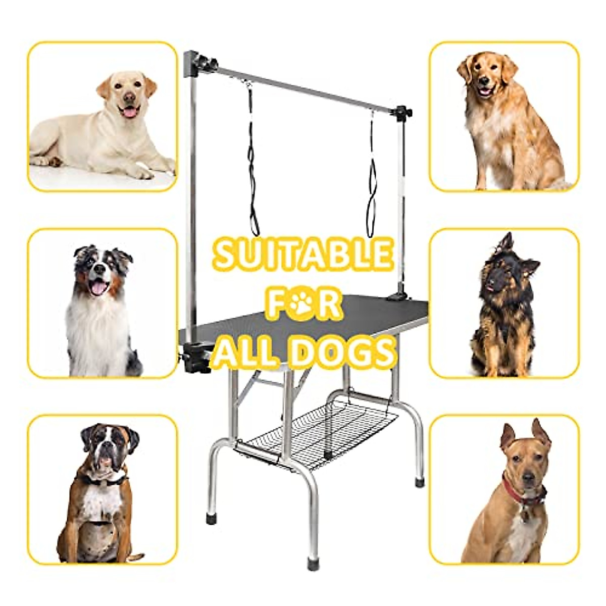 ROOMTEC 46" Dog Grooming Table,Foldable Home Pet Bathing Station with Adjustable Height Arm/Noose/Mesh Tray