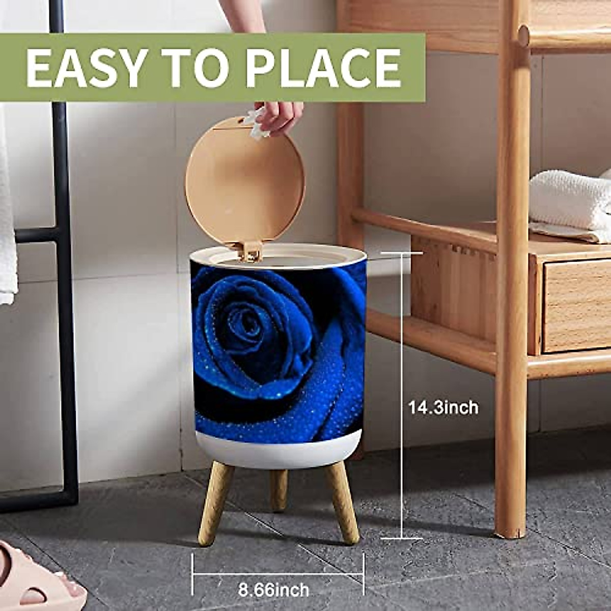 IBPNKFAZ89 Small Trash Can with Lid Beautiful Dark Blue Rose with Water Dew Drops Garbage Bin Wood Waste Bin Press Cover Round Wastebasket for Bathroom Bedroom Diaper Office Kitchen