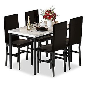 Hooseng Dining Table Set for 4- Space Saving Kitchen Table and Chairs for 4, Modern Style Faux Marble Tabletop & 4 PU Leather Chairs, Perfect for Dining Room,Breakfast Corner Small Spaces,Brown&White