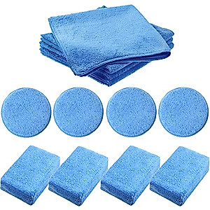 Tallew 12 Pack Microfiber Applicator Pad Microfiber Sponge for Car Include Round Wax Microfiber Applicator Rectangle Car Drying Towel Exterior Auto Detailing Kit for Cleaning (Blue)