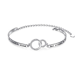 FLYOW 925 Sterling Silver 2 Interlocking Infinity Circles Bracelet with Message Not Sisters By Blood, But Sisters by Heart, Adjustable Sisters Bracelets Friendship Jewelry for Women (Two Circles)