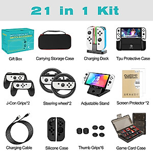 Accessories Kit for Nintendo Switch OLED Games Bundle Carrying Case Screen Protector TPU Case Charging Dock Playstand Game Case USB Cable J-Con Wheels Grips Skin Caps for Nintendo Switch OLED(21 in 1)