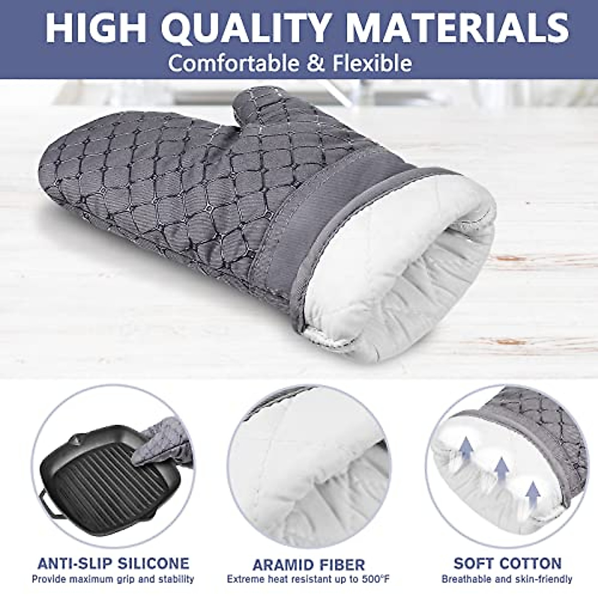 IXO 6Pcs Oven Mitts and Pot Holders, Oven Glove Heat Resistant 500℉ with Kitchen Towels Kitchen Mitts and Pot Holder Soft Cotton Lining and Non-Slip Silicone Surface for Baking, Cooking, BBQ(Grey)
