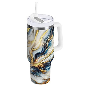 Maunzc 40 oz Tumbler with Handle and Straw, Insulated Stainless Steel Travel Mug with Lid for Coffee, Iced Tea, Water, Gift for Men Women (White Blue Gold Marble)