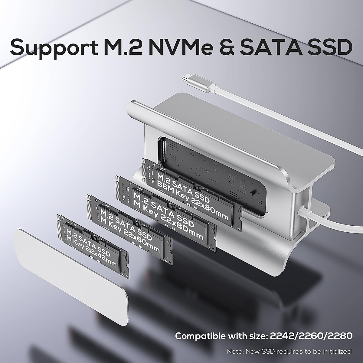 PULWTOP USB C Hub for Mac Mini, 5 in 1USB Hub Adapter Support M.2 NVMe SSD Expand, Docking Station with 2 USB C 10Gbps, SD/TF Card Reader, M.2 SSD (Not Included)
