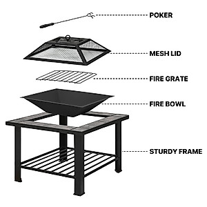 MoNiBloom 30" Protable Fire Pit Table Square Metal Firepit Patio Wood Burning Fireplace Garden Stove with Charcoal Rack Mesh Cover for Camping Bonfire Backyard BBQ, Black