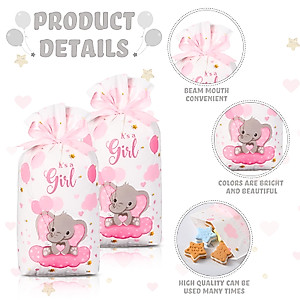 Chiisong 50 Pcs Baby Shower Treat Bags with Bow Plastic Baby Drawstring Candy Goodie Bags Baby Shower Party Favor Gift Bags for Boy Girl Birthday Gender Reveal Party 9 x 6 x 2 Inch(Pink Elephant)
