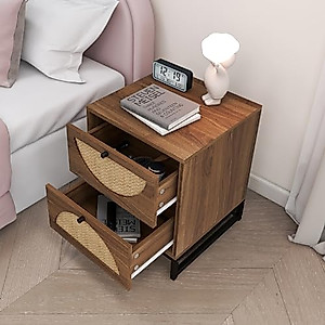 Woenei Rattan Nightstands End Table-Night Stand with 2 Drawers, Wood Accent Cabinet Set,Farmhouse Side Table with Storage, Bedside Tables for Living Room, Bedroom (1, Walnut)