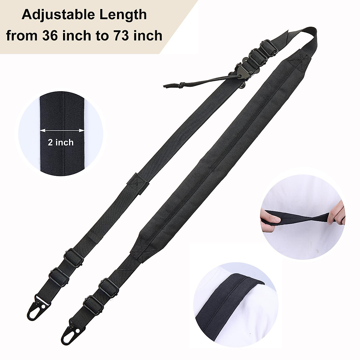 Two Point Traditional Sling Quick Adjust Rifle Sling All Metal Hardware with Wide Padded Shoulder Strap (Black)