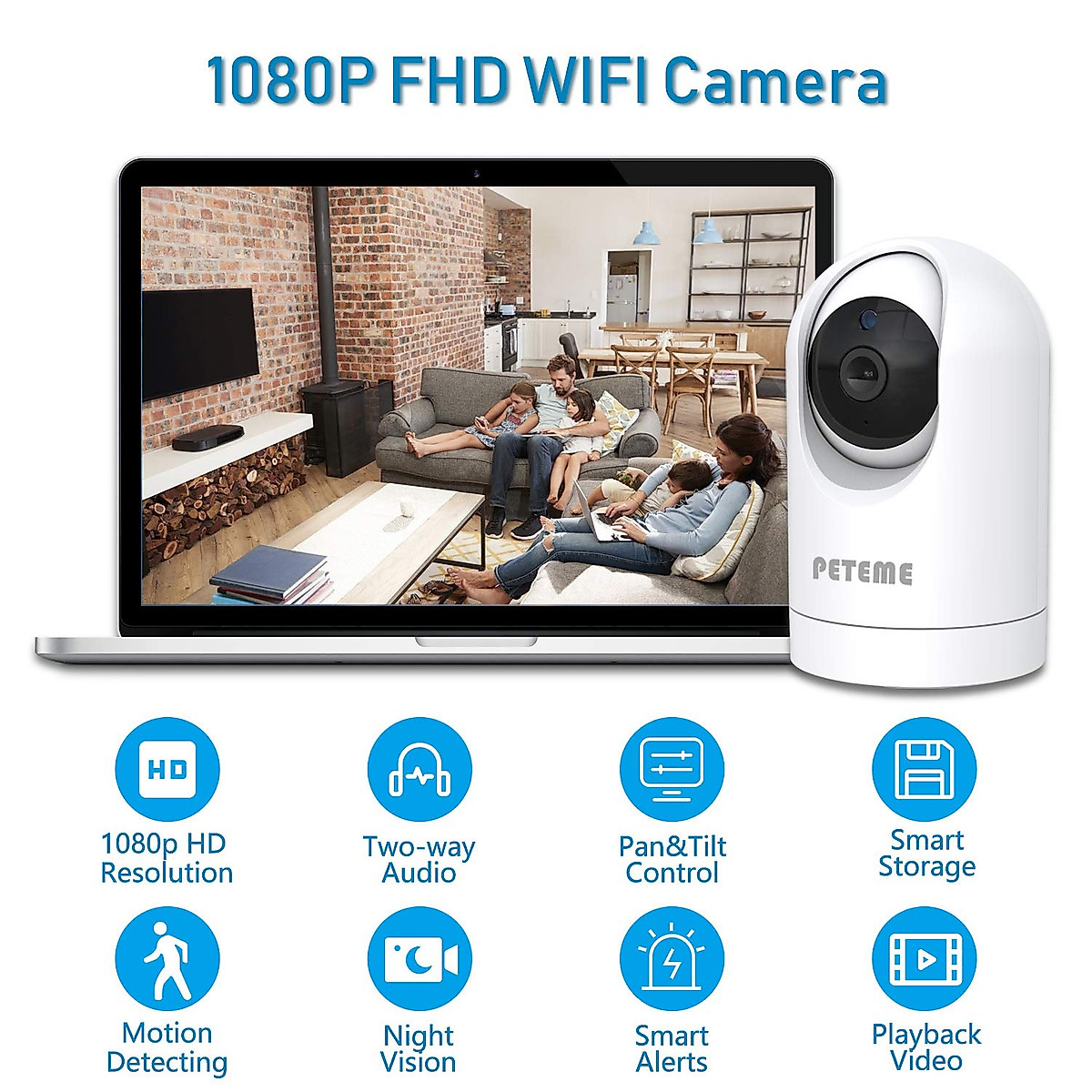 Peteme Video Baby Monitor with Camera and Audio, Baby Monitor 1080P Indoor WiFi Security Camera with Motion Detection Night Vision 2-Way Audio,Monitor Baby/Elder/Pet