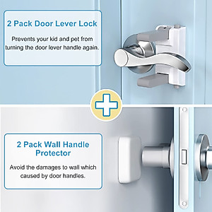 Childproof Door Lever Lock AOSITE 2 Pack Lever Door Lock Adhesive Baby Proof Door Handle Lever for Kids Child Safety Locks for Door Prevent Toddlers from Opening Doors No Drill Easy Open for Adults