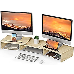 LORYERGO Dual Monitor Stand - Adjustable Computer Stand with Slot for Tablet & Cellphone, 44 lbs Capacity