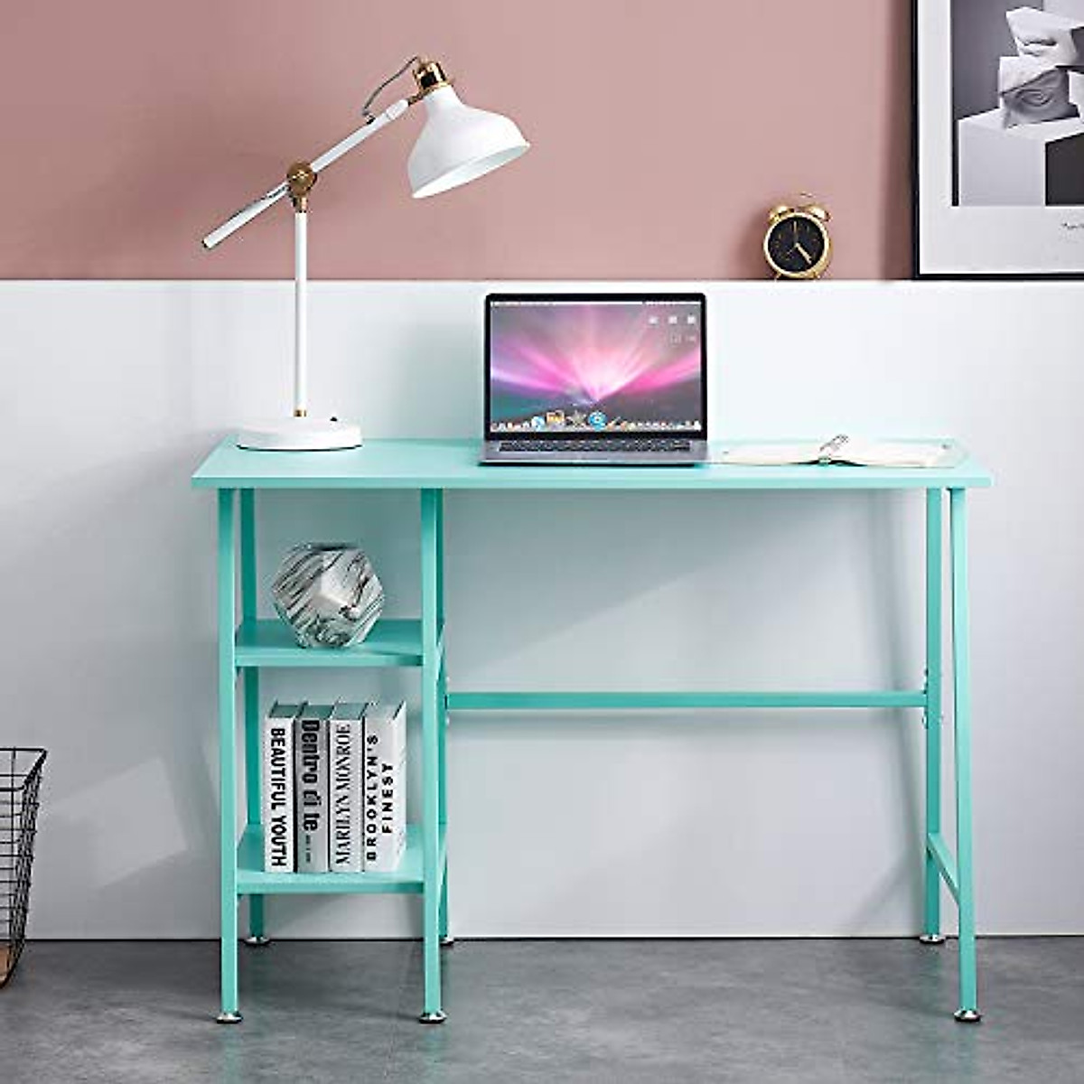 VECELO 43" Home Office Desk, Computer Study Workstation with 2 Tier Storage Shelf on Left or Right for Kids'Room, Small Spaces, Teal