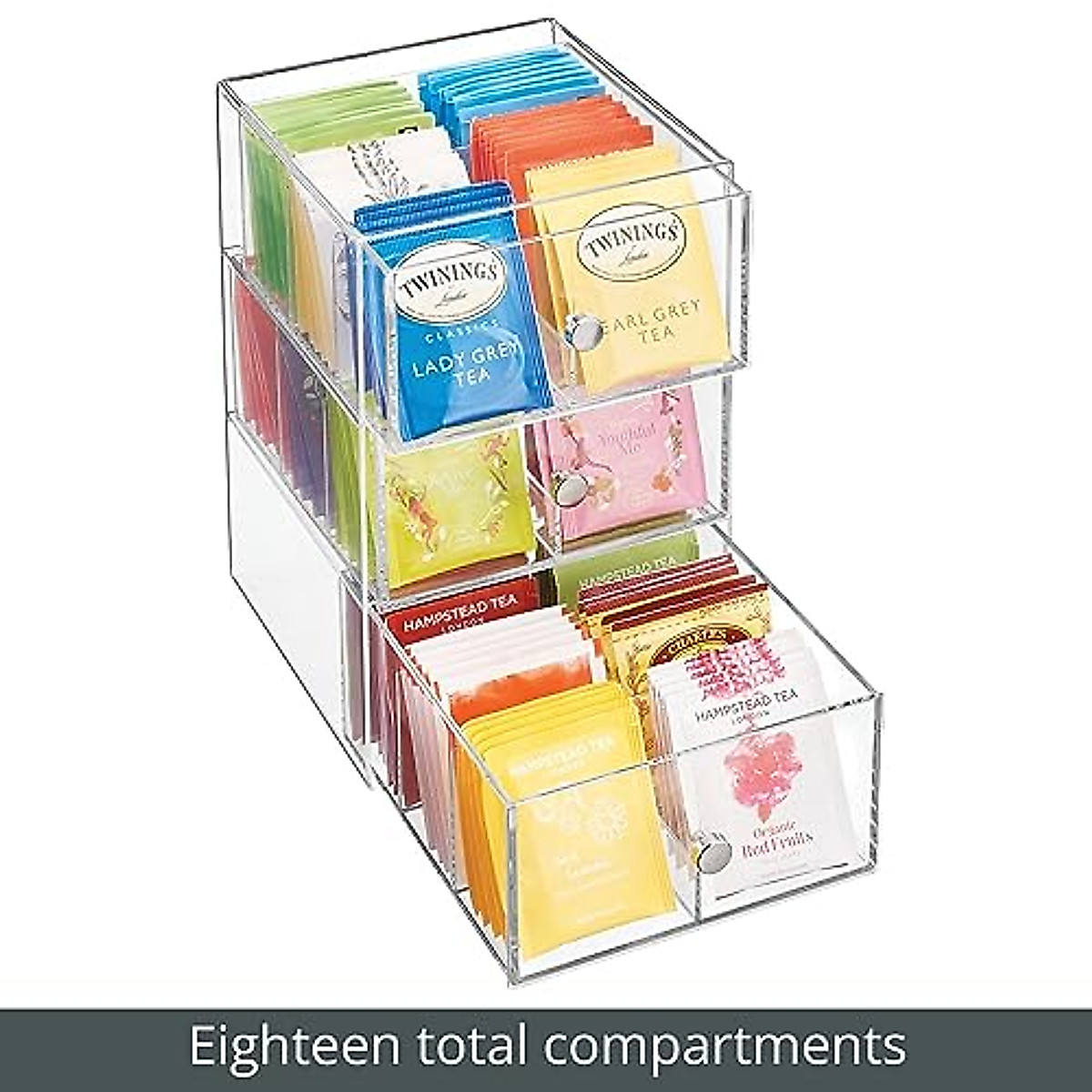 mDesign Plastic Wide Kitchen Pantry, Cabinet, Countertop Organizer Storage Station with 3 Drawers for Coffee, Tea, Sugar Packets, Sweeteners, Creamers, Drink Pods, Packets; 18 Sections, 2 Pack - Clear