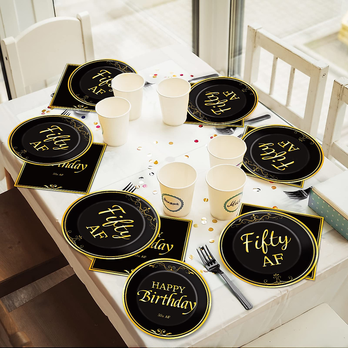 50th Birthday Black Gold Party Paper Plates and Napkins Supplies Disposable Fifty AF 50 Years Party Decorations for Him Her Serve 24 Guests