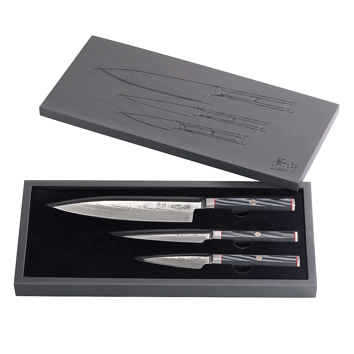 Cangshan YARI Series Starter Knife Set With Ash Wood Box, X-7 Damascus Steel (3-Piece)