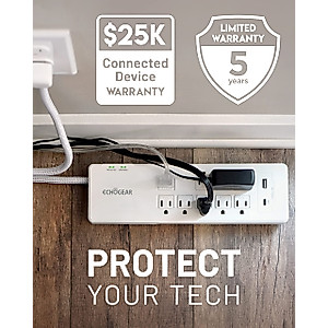 ECHOGEAR PowerBlitz Surge Protector Power Strip with USB-A & USB-C Ports - Low Profile Design with Braided 6' Cord, Flat Plug & 2160 Joules of Multi Outlet Surge Protection - White