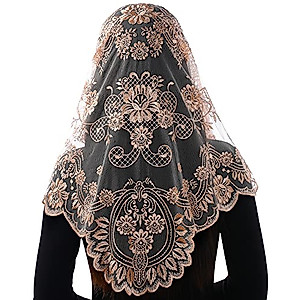 Bozidol Spanish Style Catholic Mass Mantillas Veil for Prayer Floral Orthodox Head Coverings Shawl Chapel Veils (Champagne)