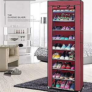 Mekek Shoe Rack Closet, 9 Tier Shoe Rack Organizer - Portable Row Shoe Rack Shelf Cabinet Tower for Closet with Nonwoven Fabric Cover (Red Wine)