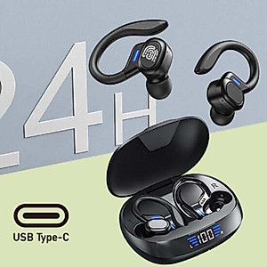 Lunjee TWS Bluetooth Earphones with Microphones Sport Ear Hook LED Display Wireless Headphones HiFi Stereo Earbuds Waterproof Headsets