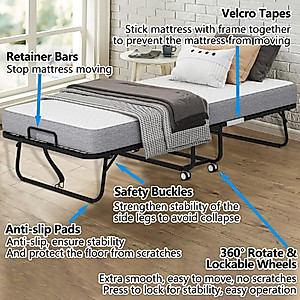 Folding Bed with Mattress 75" x 38" Twin Size Folded Bed, Rollaway Guest Bed Portable Foldable Extra Bed for Adults Fold up Bed with 5" Memory Foam Mattress Space-Saving Sturdy Metal Frame (Grid)