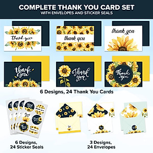 24 Pack Sunflower Thank You Cards with Envelopes & Stickers - 6 Designs Blank Inside Thank You Cards Sunflower Wedding Thank You Cards with Envelopes, 6x4" Bridal Shower Thank You Cards Rustic