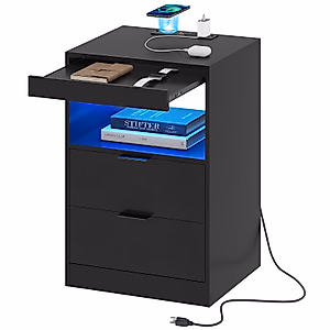Tiptiper Black Nightstand with Wireless Charging Station and LED Lights, Bedside Table with 2 Drawers, Open Storage, 1 Pull-Out Tray, End Side Table with Charging Station, LED Night Stand with Storage