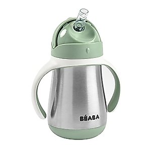 Beaba Stainless Steel Sippy Cup, Straw Sippy Cup with Handles, Toddler Sippy Cups, Baby Sippy Cup, Insulated Cup, Insulated Cup, 8+ mths, 8.5 oz, Sage