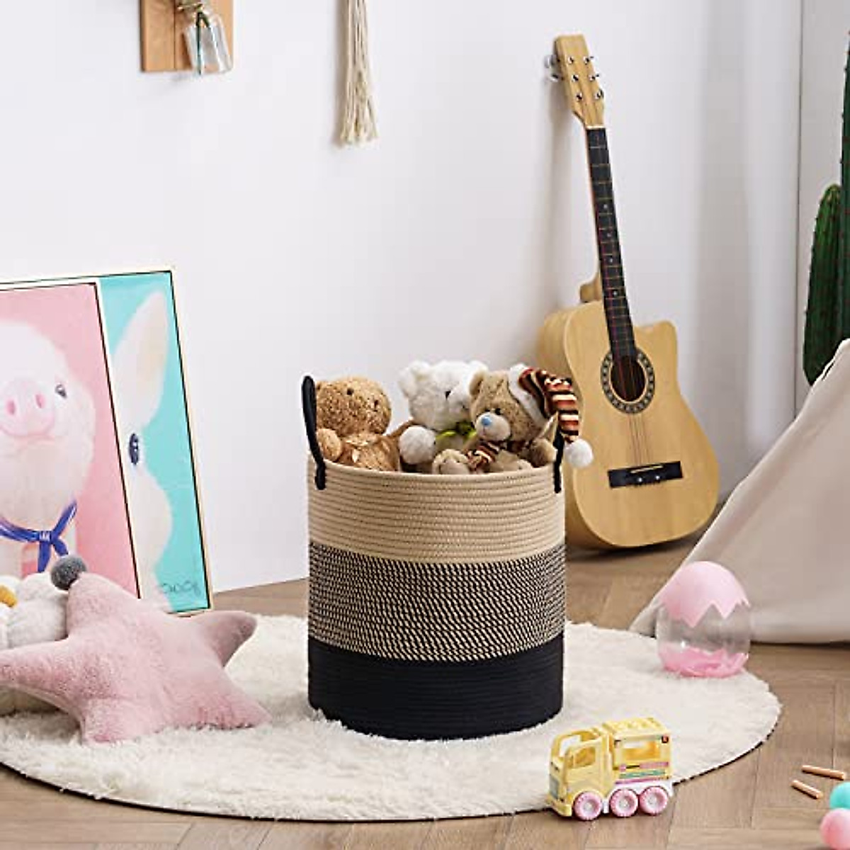 Woven Rope Laundry Basket by TECHMILLY, 42L Baby Nursery Hamper for Clothes Blanket Storage, Large Tall Laundry Hamper for College Dorm, Bedroom, Living Room, Brown & Black