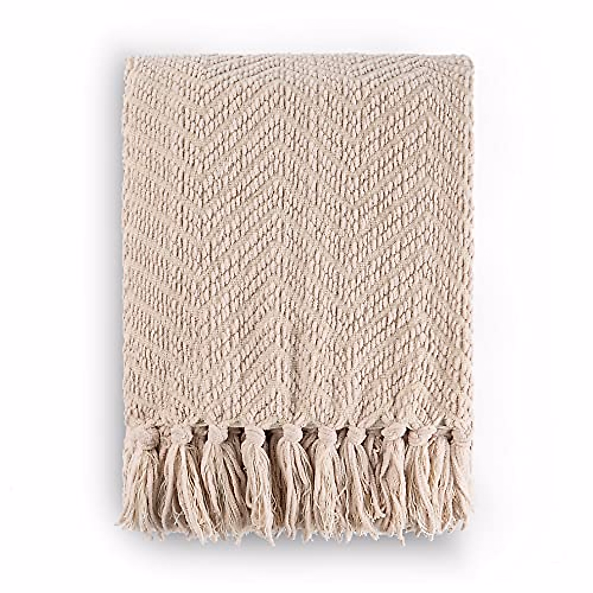 BATTILO HOME Beige Throw Blanket for Couch, Textured Knitted Boho Throw Blanket with Tassels, Couch Cover Blanket Warm Decorative Tan Throw Blanket for Sofa Living Room, 50" x 60"