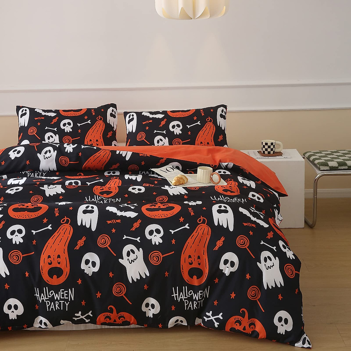 Halloween Duvet Cover Set Queen,3 Pieces Black Skull Pumpkin Comforter Cover Set with 2 Pillowcases Ghost Festival Themed Bedding Set Queen90 x90(Not Comforter)