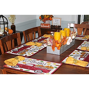 Fall Farmhouse Red Truck and Pumpkins Placemats, Hello Fall Set of Six (6) Colorful Tapestry Weave Fabric, for Holiday's, Thanksgiving, Autumn and Fall