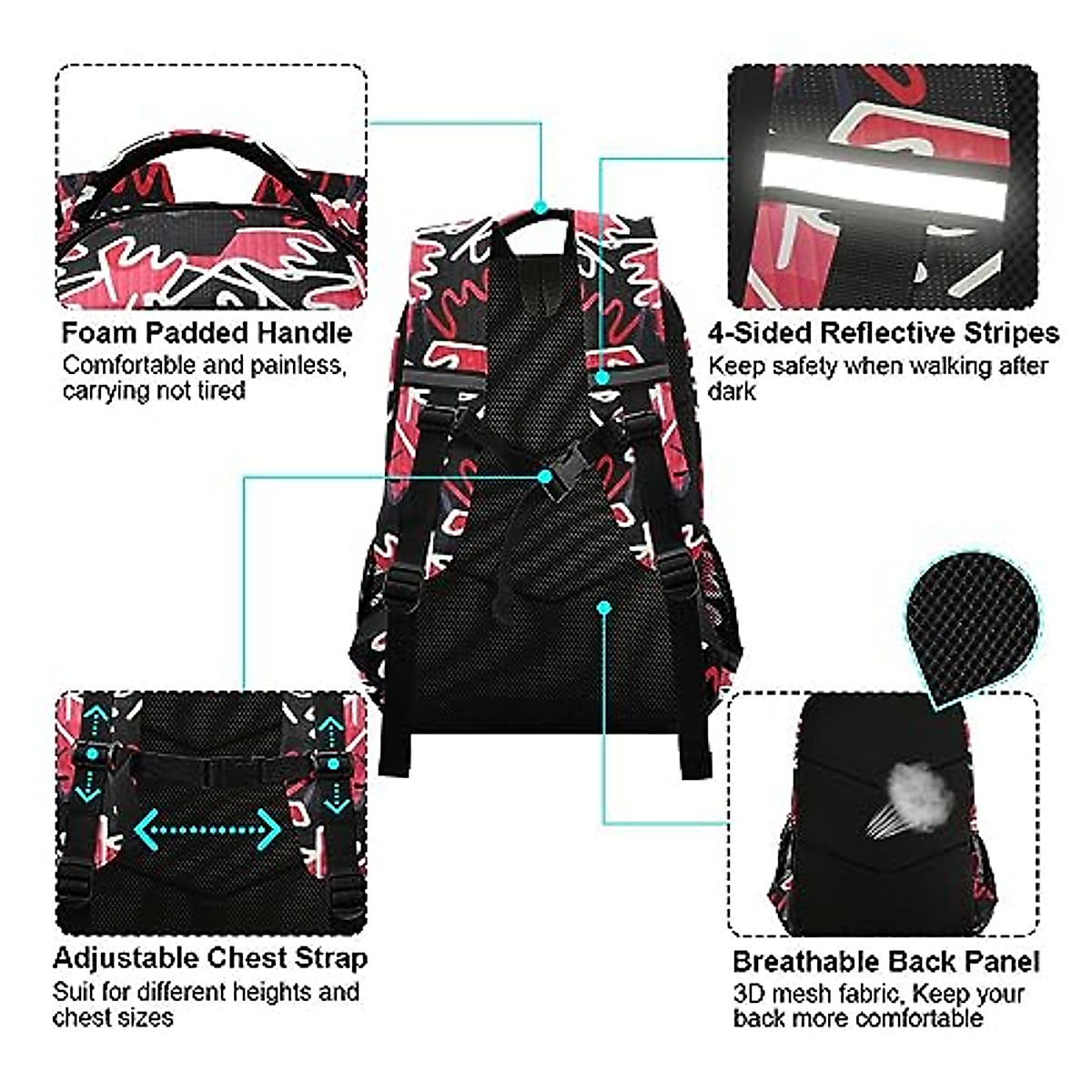 Sletend Kids Backpack Lightweight Bookbag in Prints for School Red Black Print Large Capacity School Boys Girls Backpack for Kids, Water-Resistant Bookbags Student School Bag